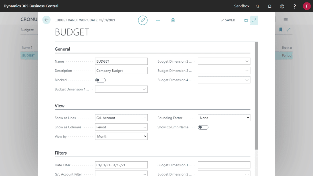 Setting default filters and options for G/L budgets - Fenwick