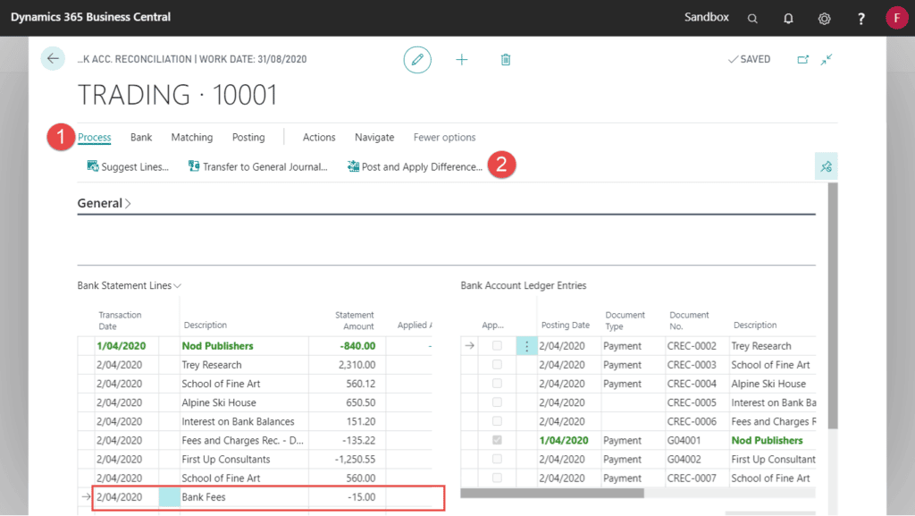 Automatically post and apply bank reconciliation differences - Fenwick