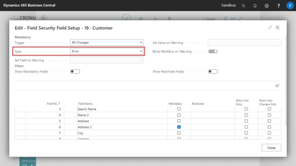 Setting mandatory fields - Fenwick