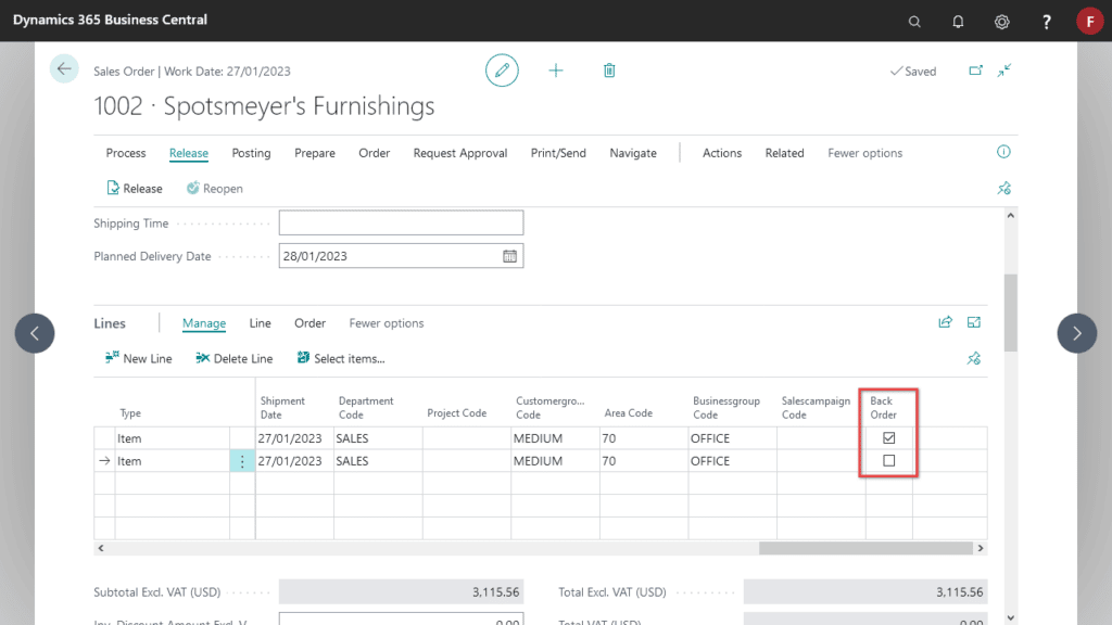 Back Order Sales Lines - Fenwick