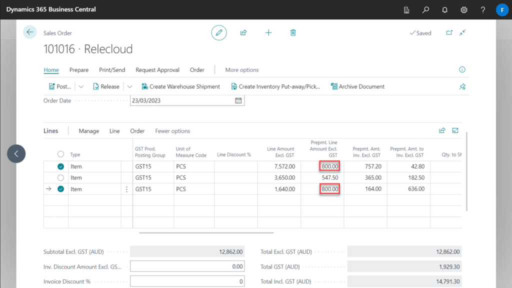Bulk Update Prepayment on Lines - Fenwick
